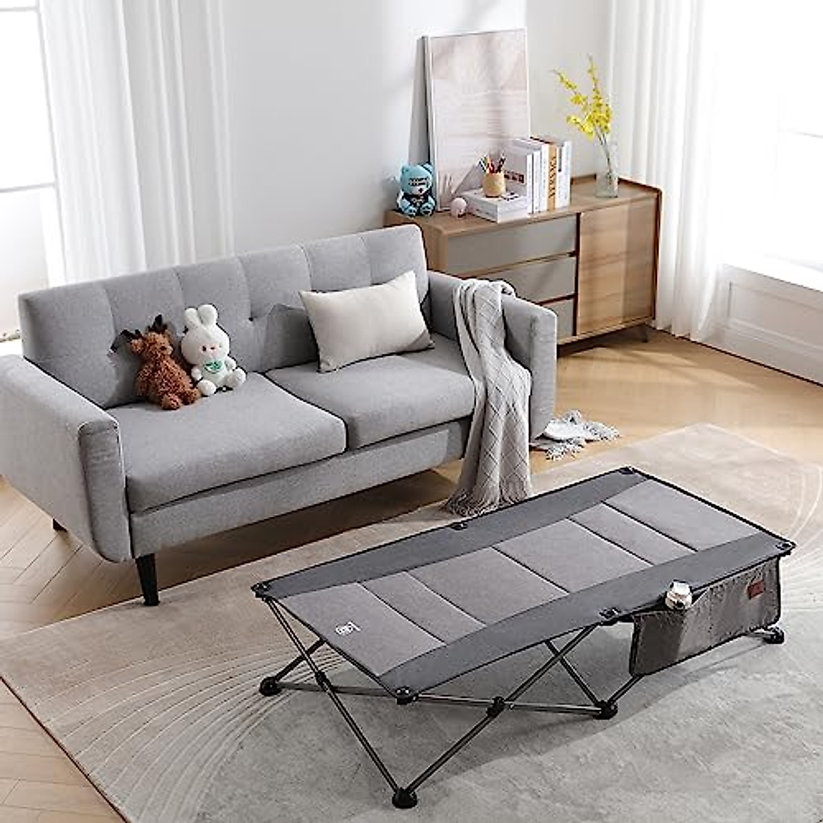 EVER ADVANCED Portable Deluxe Toddler Sleeping Cot with Canopy, Foldable Kids Camping Cot Travel Bed, with Carry Bag, for Indoor & Outdoor,140lbs, Grey