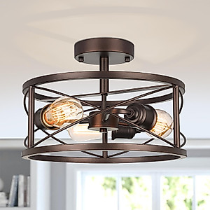 SunRider Industrial 3-Light Semi Flush Mount Ceiling Light, Bronze Farmhouse Lighting Fixture with Metal Cage, Retro Pendant Lamp for Hallway Kitchen
