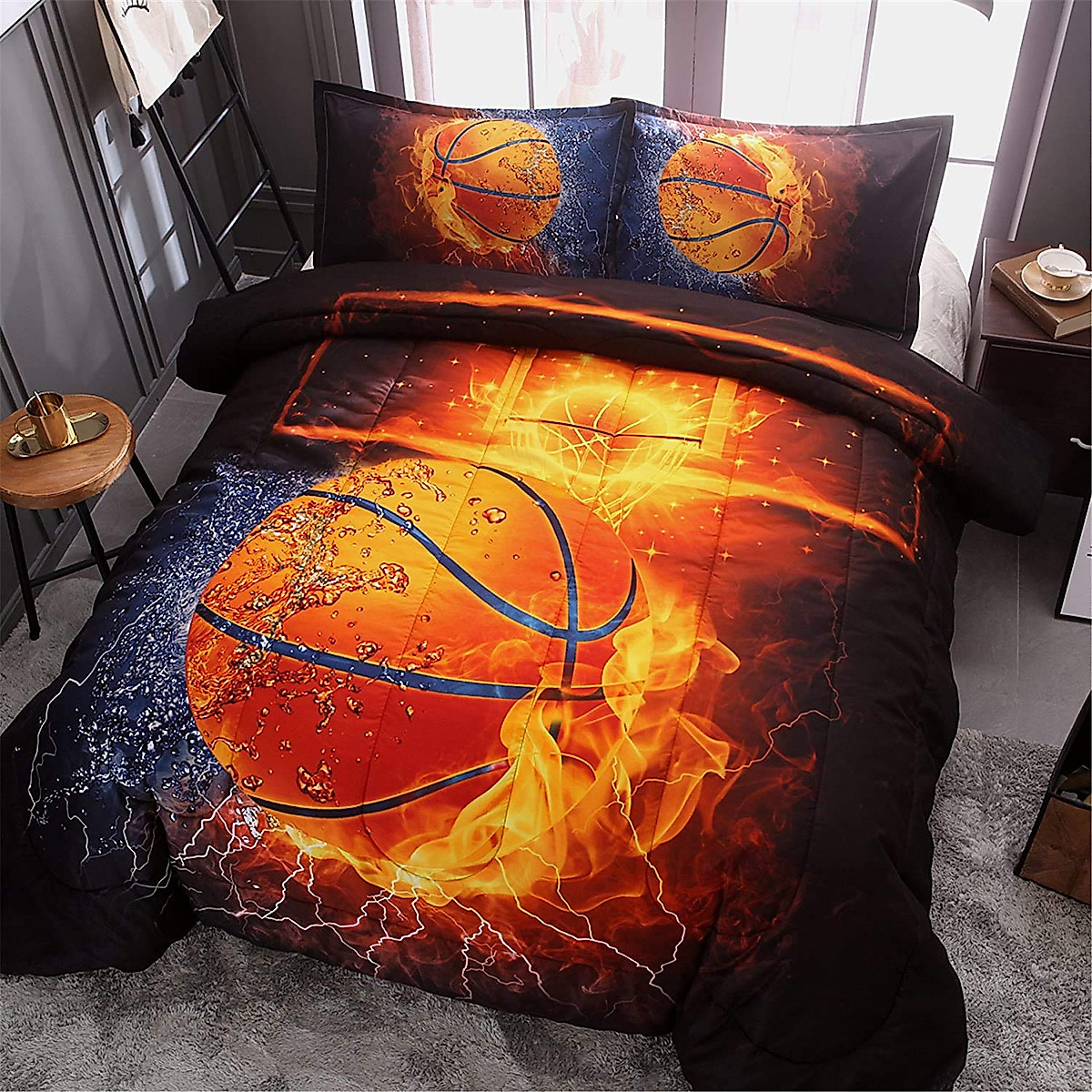 A Nice Night Basketball Print,with Fire and Ice Pattern,Comforter Quilt Set Bedding Sets, for Boys Kids Teen (Basketball, Twin)