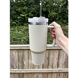 40oz Tumbler with Handle and Straw, Stanley Cup Dupes, Leak Resistant Lid, Insulated Cup, Maintains Cold, Heat, and Ice for Hours (Dune)