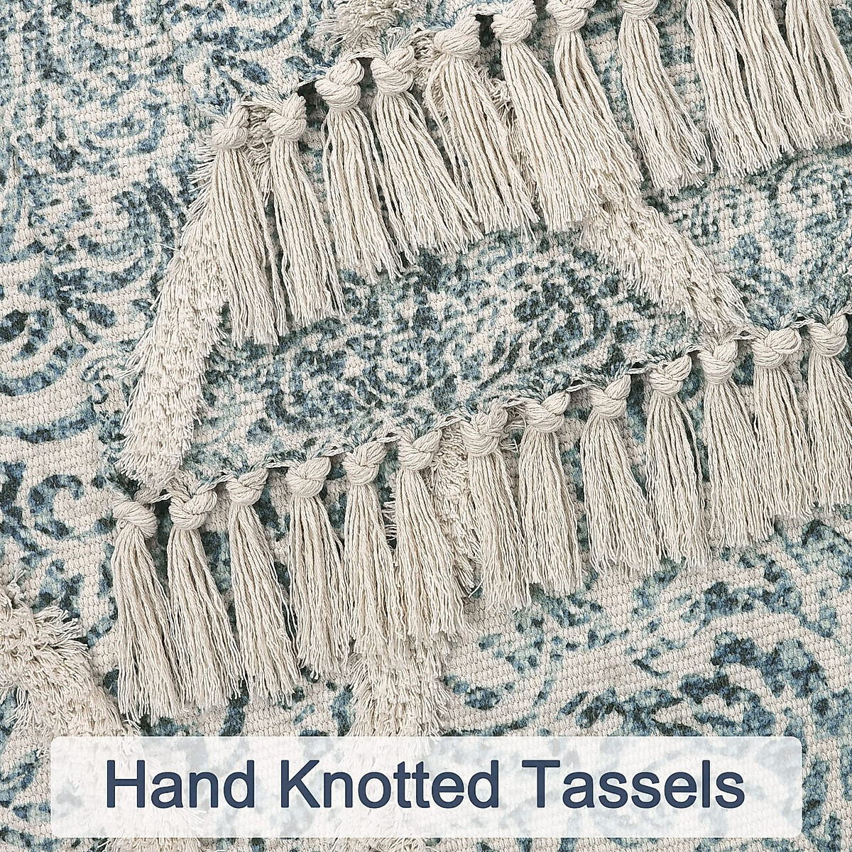 Uphome Boho Area Rug 4' x 6' Washable Vintage Printed Living Room Rug Blue Tufted Distressed Bedroom Rug with Tassels Cotton Farmhouse Floor Carpet for Dining Entryway Kids' Room