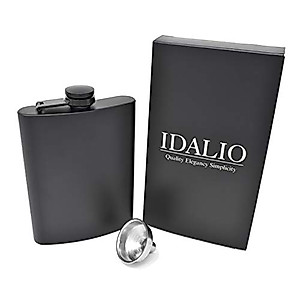 Hip Flask for Liquor 8 Ounce Stainless Steel Black Matte Black Hinge Leakproof with Funnel in Black Box for Men and Women by IDALIO