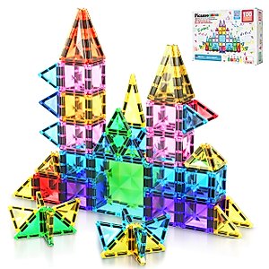 PicassoTiles 100 Pieces Magnetic Tiles Building Blocks Mini Size Diamond Series Magnet Toys Travel Size On-The-Go Construction Sensory Toys Gifts Educational Set STEM Learning Kit Playset PTM100