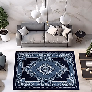2x4 Small Rug Boho Glamour Thick Plush Oriental Area Rug Traditional Carpet Floral Medallion Rugs for Living Room and Bedroom Floor Navy Blue