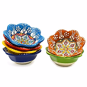 Silver Craft 6 Pcs Daisy Shaped Hand Painted Decorative Serving Turkish Tiny Bowls - Handmade Ceramic Bowl - Set of 6 (3.7 inc/9.5cm) 2.5 Oz Pinch Multicolor Small Serving Bowls - Best Gift Set