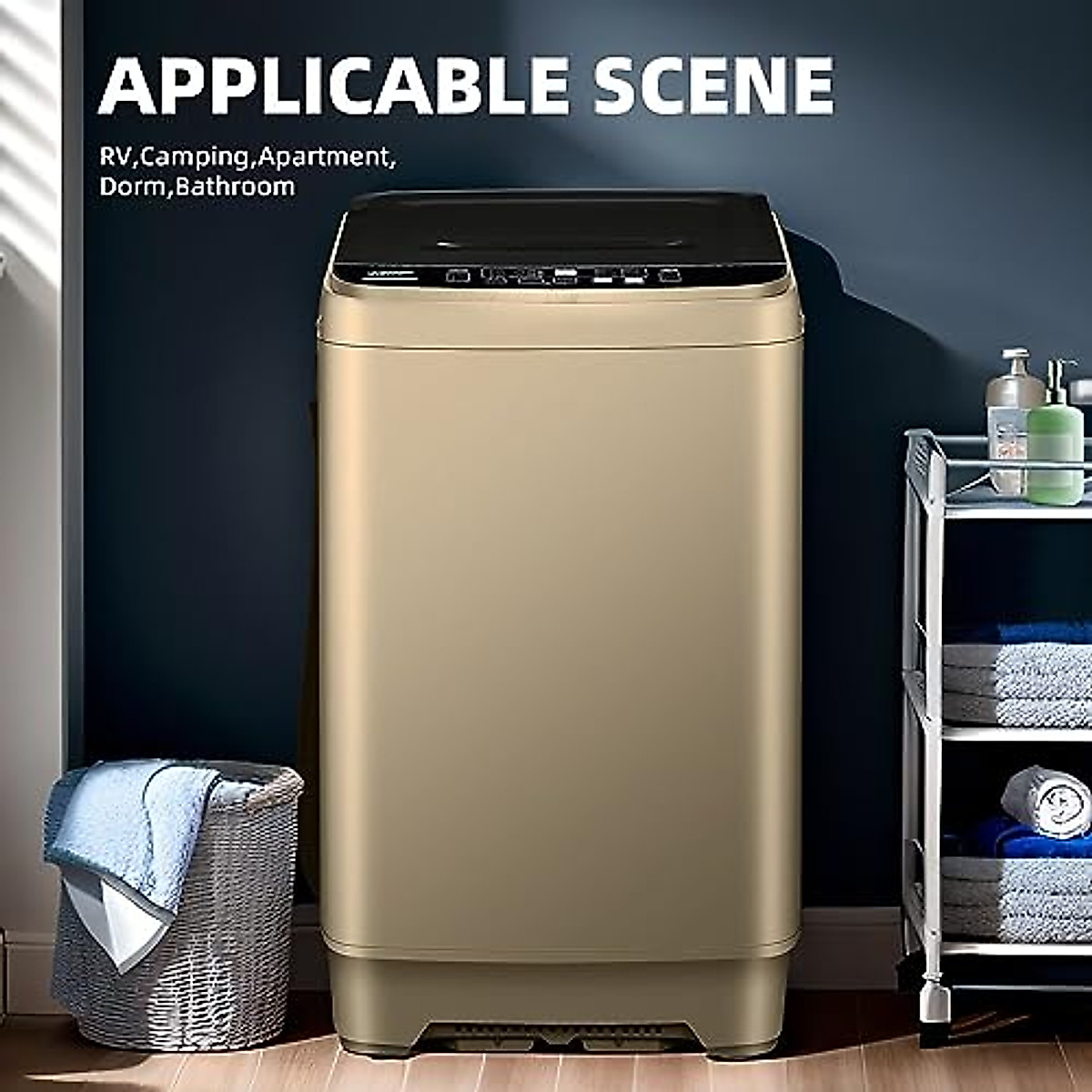OOTDAY 15.6lbs Full-Automatic Washing Machine, 2 in 1 Portable Washing Machine, 10 Programs 8 Water Levels with LED Display, Low Noise and Easy Store for Apartment,Dorms,RV Camping Dark-Gold