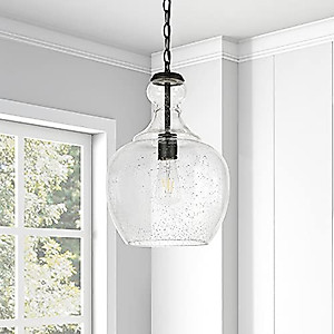 Henn&Hart 11" Wide Pendant with Glass Shade in Blackened Bronze/Seeded, Pendant, Flush Mount Ceiling Light Fixture for Kitchen, Living Room