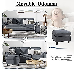 Meilocar 79” Modern Sectional Sofa Couch, Convertible L Shaped Couch with Reversible Ottoman, 3-Seat Sofa Sectional with Removable Armrest for Living Room, Apartment, Small Space, Blue Grey