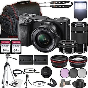 Sony a6400 Mirrorless Camera w/E PZ 16-50mm f/3.5-5.6 OSS Lens + E 55-210mm f/4.5-6.3 OSS Lens + 2X 64GB Memory + Case + Filters + Tripod & More (35pc Bundle)