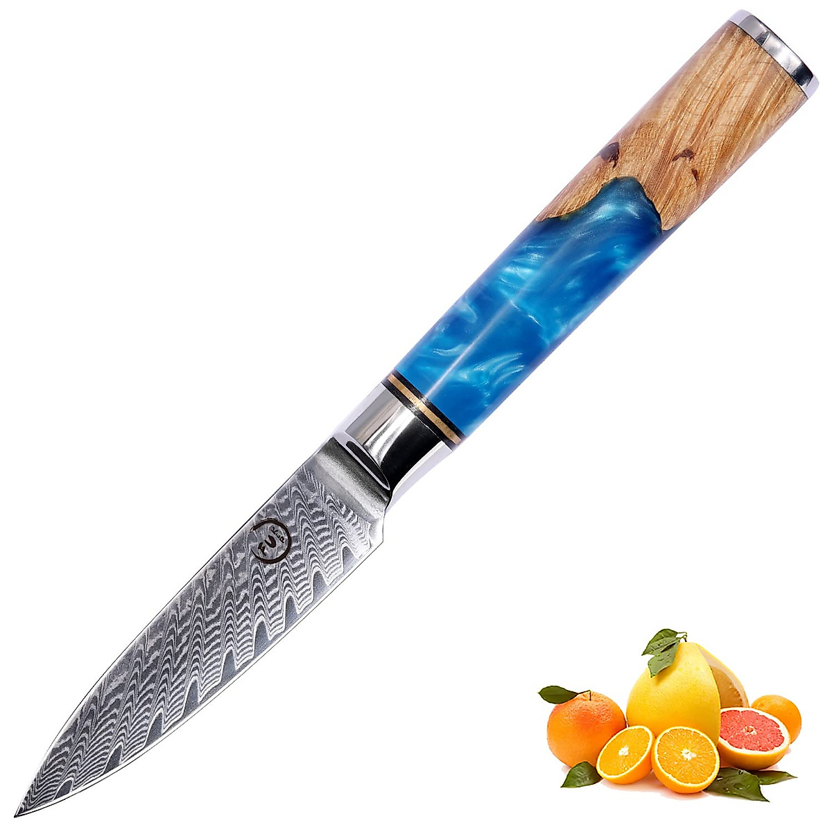 Fukep Paring Knife 3.5 Inch Damascus Paring Knife Small Fruit Knife Ultra Sharp Damascus VG10 Core Steel with 66 Layers High Carbon Steel Classical Pattern Blue Handle