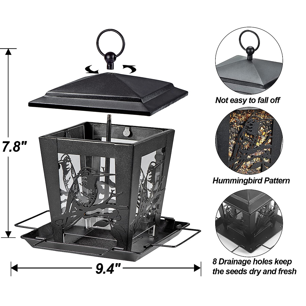 Birdream Bird Feeders for Outside Hanging Metal Bird Feeder with Unique Hummingbird Pattern Square Shape Birdfeeders Attracting Wild Birds for Outdoors Garden Yard