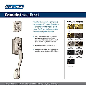 Schlage F60 V CAM 609 GEO Camelot Front Entry Handleset with Georgian Knob, Deadbolt Keyed 1 Side, Antique Brass