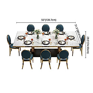LITFAD Modern Style Marble Table with White Table and Gold Trestle Base Rectangle Shape Dining Table and Chairs for 6 Restaurant Table Set - 55.1" L x 31.5" W x 29.5" H Table with 6 Chairs