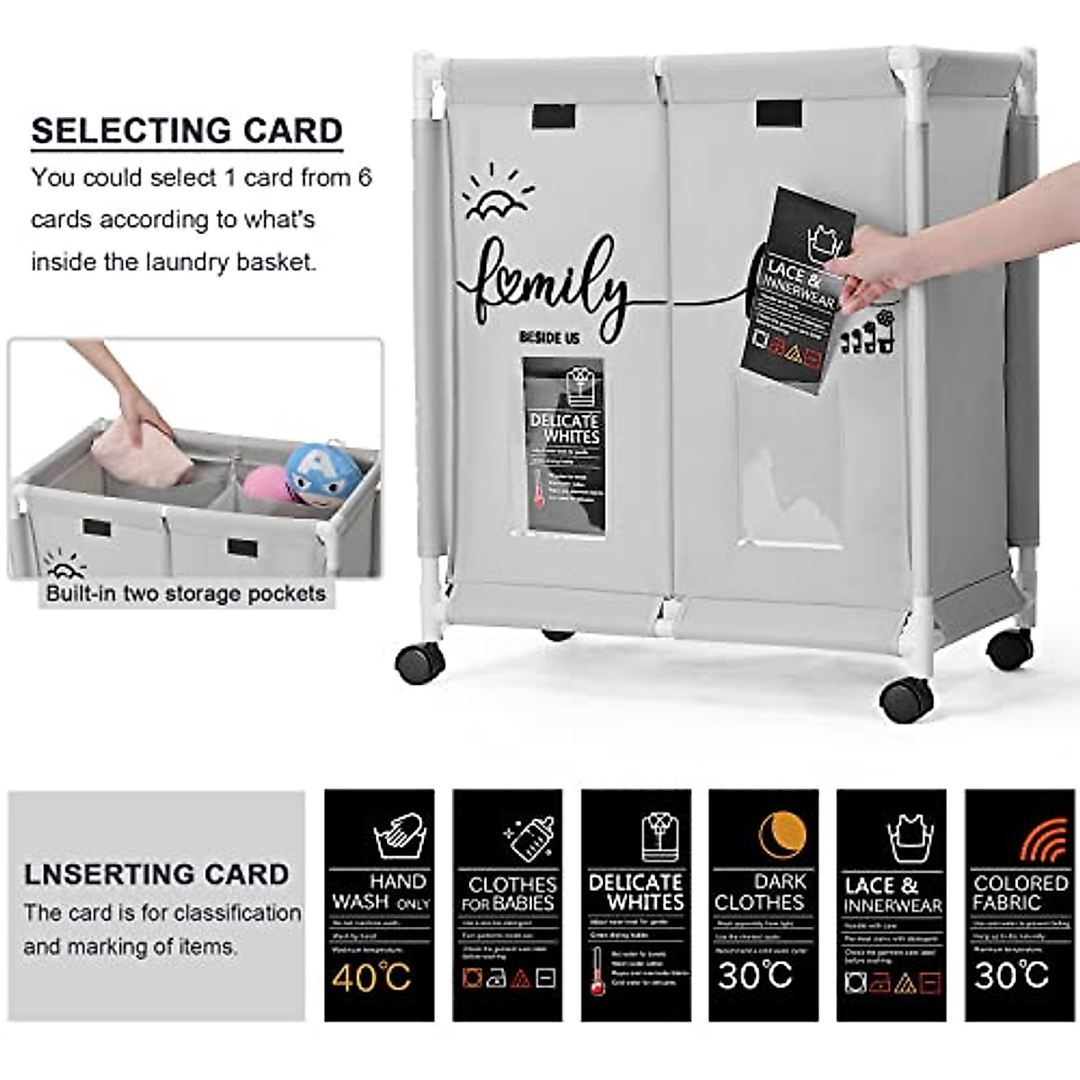 Laundry Sorter Cart with Lid, 110L 2 sections Oxford Cloth Laundry Hamper on Wheels, Laundry Basket for Family Dorm Room Clothing Throws Toys (22.6*13.6*26.6IN)