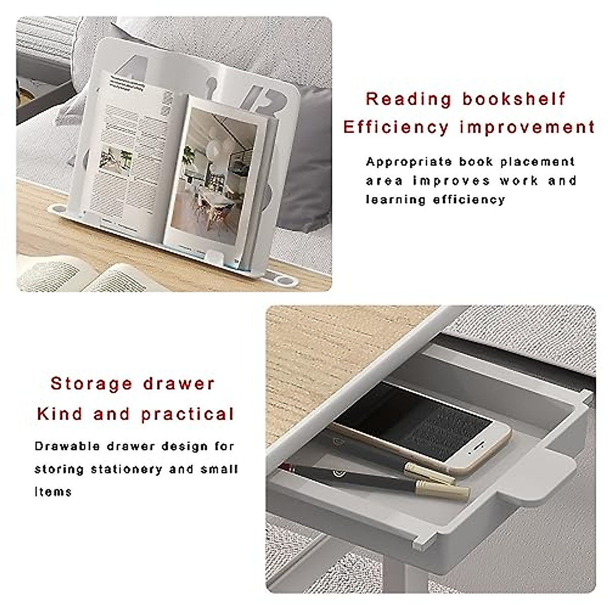 GEIRONV Movable Computer Desk, Bedroom Reading Learning Small Table with Drawers and Bookshelf Adjustable Multifunctional Folding Table (Color : White, Size : 60x40CM)