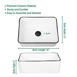 KSWIN Ceramic Rectangular Bathroom Vessel Sink, 16'' x 12'' Above Counter Porcelain Small Sink with Faucet Combo, White Body with Black Trim on The Top