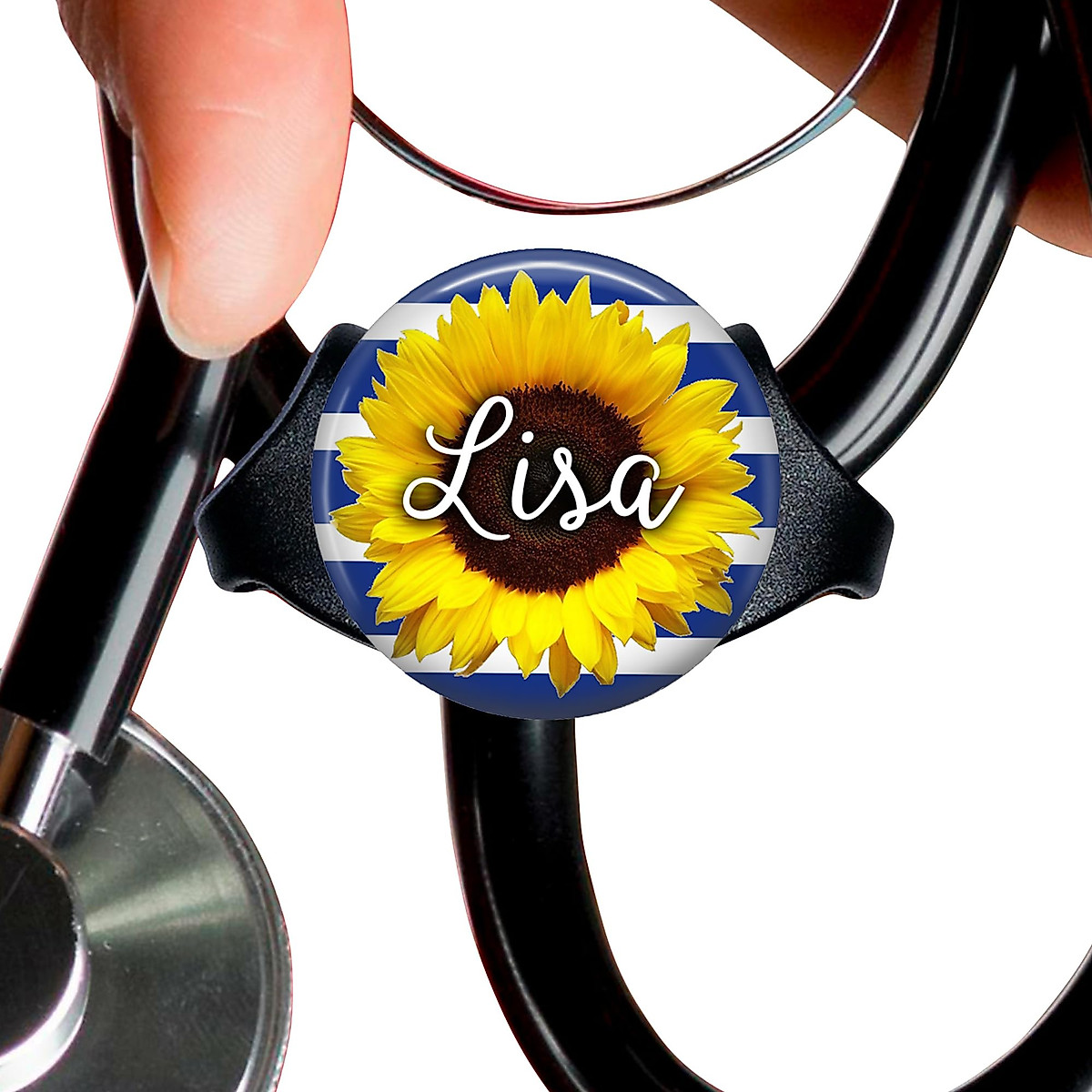 Navy Stripe Sunflower Yoke Stethoscope Tag - Adjustable Steth Id Personalized with Name Monogram Occupation Title - Floral Nurse Gift