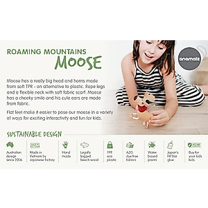 Anamalz Moose Wooden Animal Toy for Toddlers, Fun and Posable Moose for Early Learning, Montessori, and STEM, Smooth Natural Wood, Boys and Girls