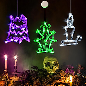LOLStar Halloween Lights,3 Pack Ghost Tree, Haunted House, Candle Window Lights with Suction Cup, Upgrade Timer and Slowly Fade Functions Battery Operated Indoor Lights for Halloween Window Decoration
