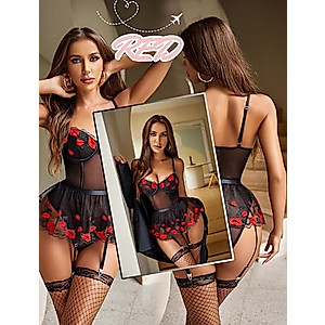 Avidlove Womens Lingerie Supportive Bodysuit with Removable Mini Skirt Embroidery Garter Lingerie Set