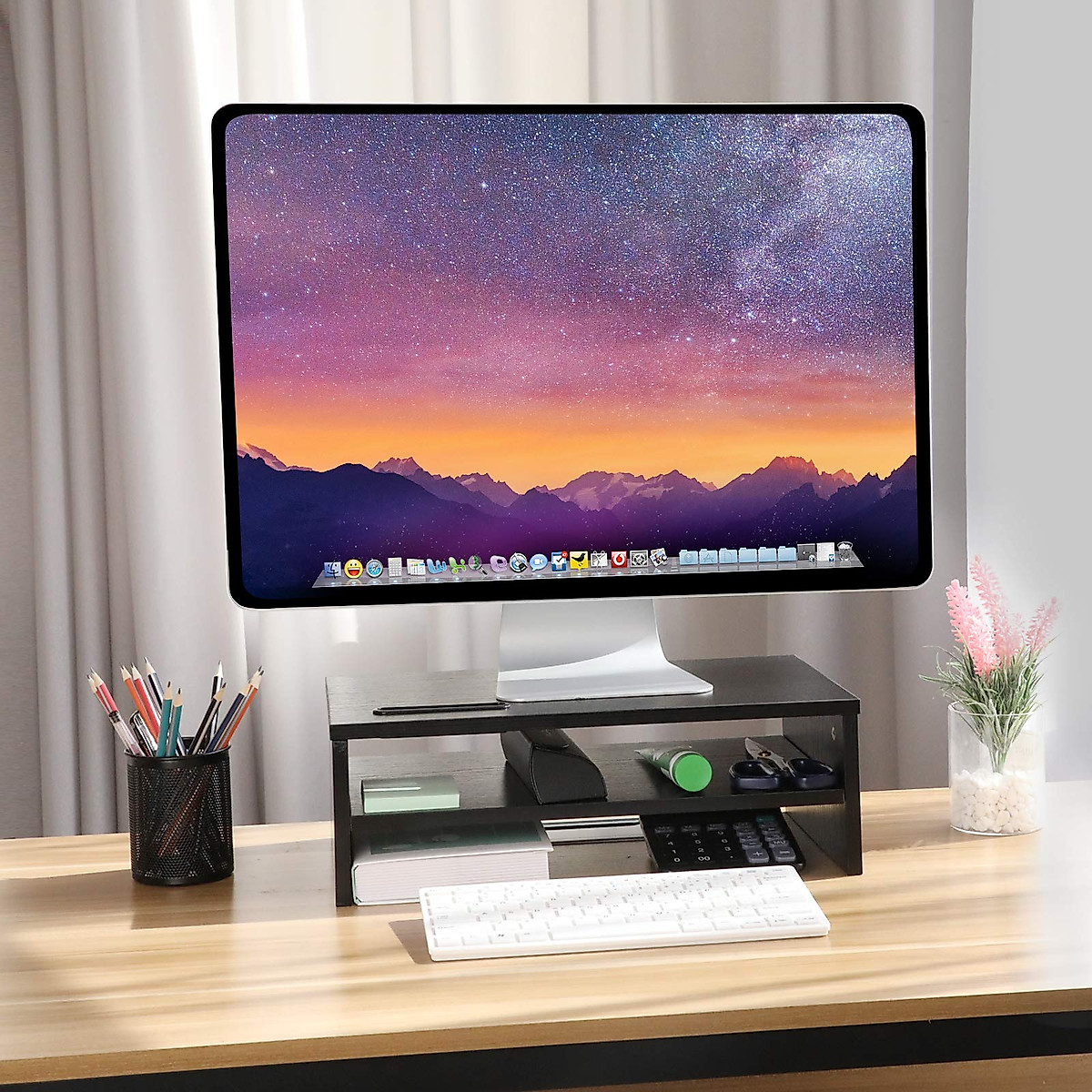 ERGO TAB Monitor Stand, Monitor Riser Wood 2 Tiers Desk Organizer Stand with Cellphone Holder, Laptop Printer Stand with Cable Management, for Computer, Notebook, Printer Holder, 16.5 inches, Black