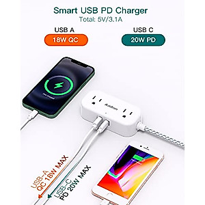 Addtam Universal Travel Adapter, Power Strip with International Plug Adapter, 2 AC Outlet and 2 USB Ports(1 USB-C PD 20W), Essentials for US EU UK AU White