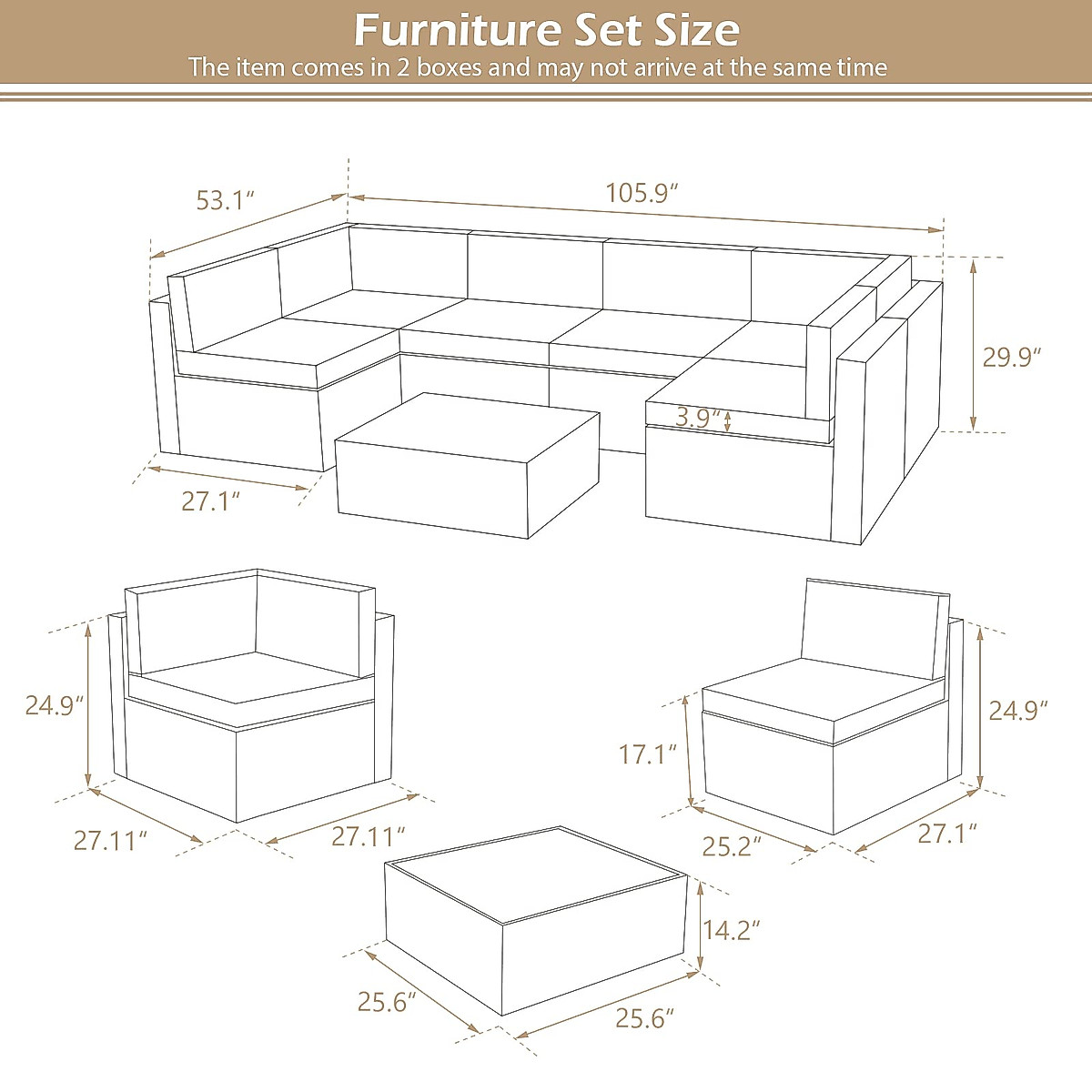 AECOJOY 7 Piece Outdoor Patio Furniture Set, Outdoor Sectional Conversation Furniture Chair with Coffee Table,Patio Sectional for Garden,Backyard(Khaki Cushions and Brown PE Rattan)