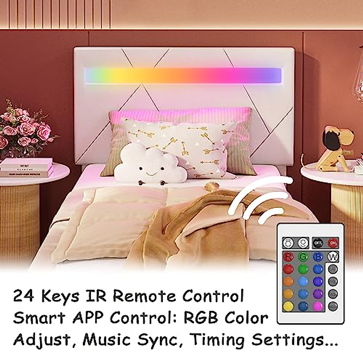LIKIMIO Twin Bed Frame with LED Lights(Smart APP Control), PU Leather Upholstered Platform Bed with Headboard, No Box Spring Needed/Noise-Free/Easy Assembly, White