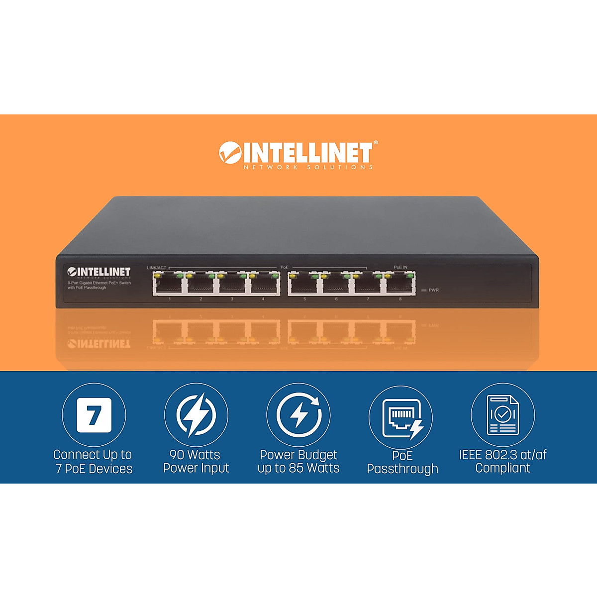 Intellinet 8-Port Gigabit Ethernet PoE+ Switch with PoE Passthrough - 85W PoE Budget, 30 W per Port, 16 Gbps Switch Fabric - 3 Yr Mfg Warranty-561679