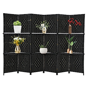 Room divider 6 panel room screen divider wooden screen folding portable partition screen wood with removable storage shelves colour，Black