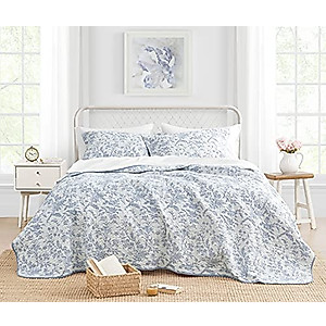 Laura Ashley Home - King Size Quilt Set, Cotton Reversible Bedding, Lightweight Home Decor for All Seasons (Amberley Blue, King)