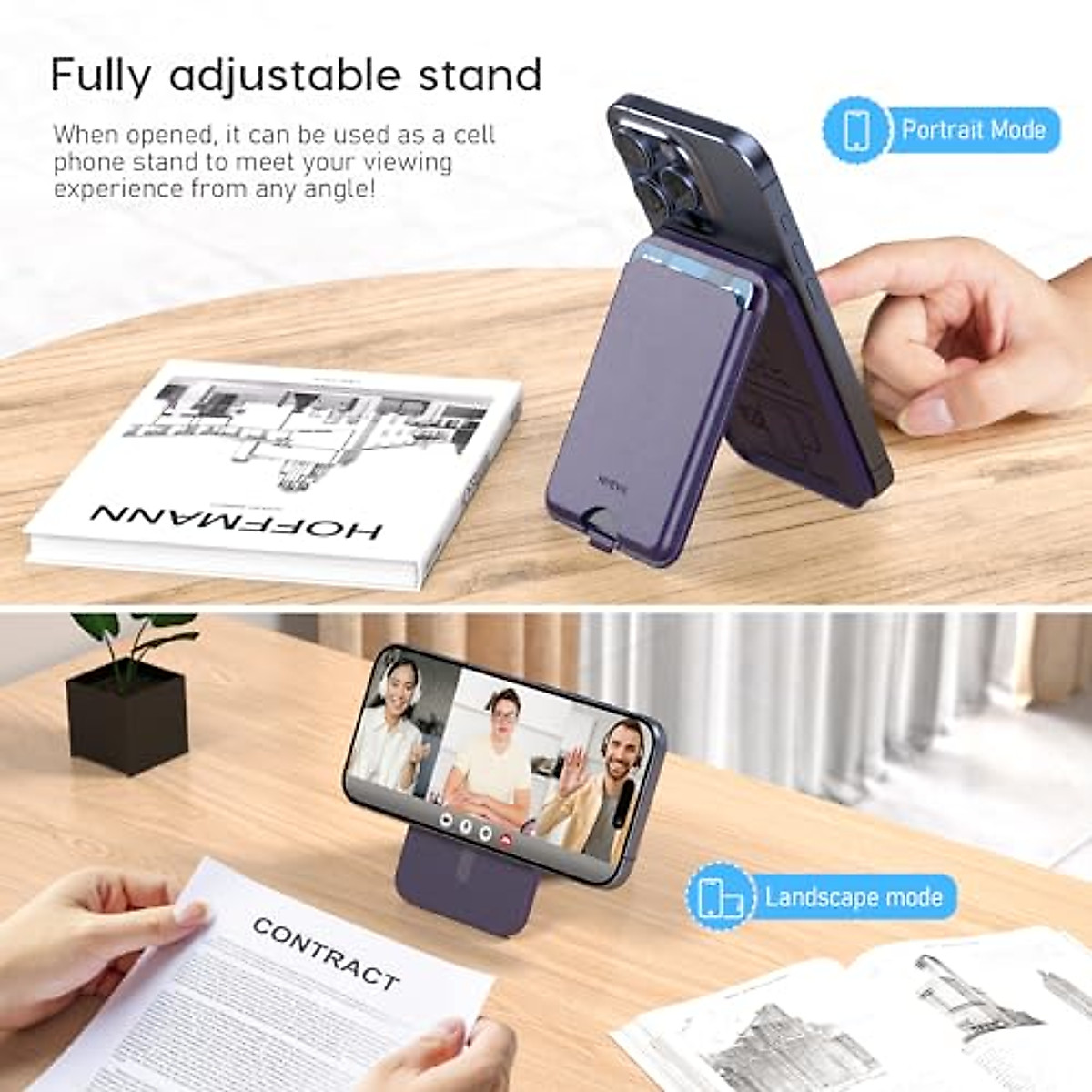 NIYEVN Magnetic Cardholder Wallet for iPhone - Leather Cellphone Magnet Wallet with Adjustable 3 Card Holder Stand Compatible with MagSafe Wallet for Back of Apple Phone 15/14/13/12 Series 丨 Purple