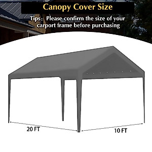 Carport Replacement Canopy, Replacement Top Cover for 10' x 20' Carport Frame, 180G PE Fabric Waterproof & UV Protected Tarp with Ball Bungees, Grey (Only Top Cover, Frame is not Included)
