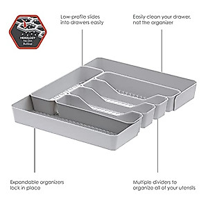Spectrum Diversified Hexa 5-Divider Silverware Buildup-Resistant Drawer Organizer & Utensil Holder with Locking Expandable Wings, Easy-to-Clean Modern Kitchen Storage & Cutlery Tray, Stone Gray