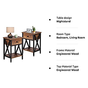 VECELO End Tables Set of 2, Modern Nightstands with Drawer& Shelf, Night Stand for Bedroom Living Room,Industrial Metal Frame, 2 Pack, Vintage Brown