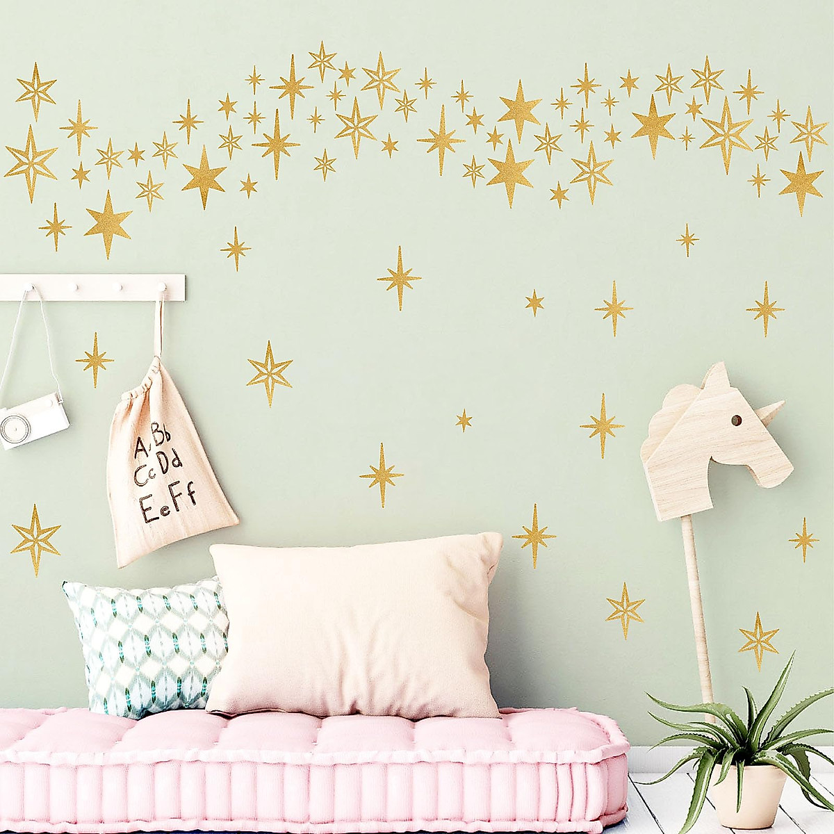 Gold Star Wall Decals Metallic Vinyl Star Wall Stickers Gold Sticker Wall Decor Sparkle Starburst Wall Decals Peel and Stick Retro Star Wall Stickers for Bedroom Living Room Decor