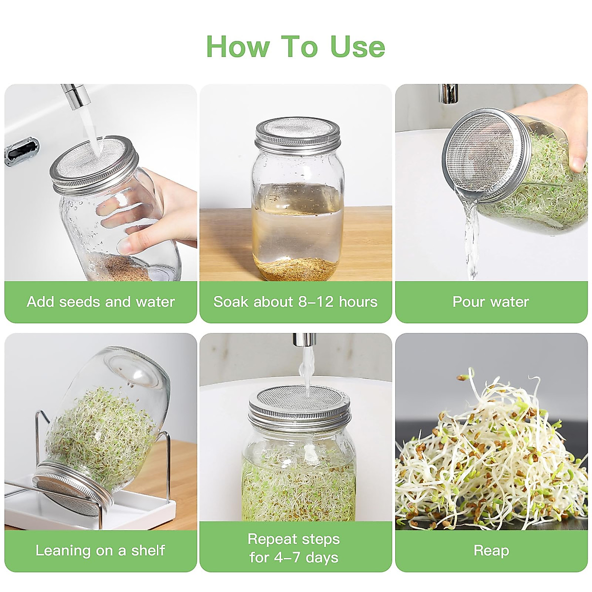 SBMKK Seed Sprouting Jar Kit - 2 Wide Mouth Mason Jars with 316 Stainless Steel Sprouting Lids Covers, Drip Tray and Stand for Growing Broccoli Alfalfa Beans Sprout (Two Jars)