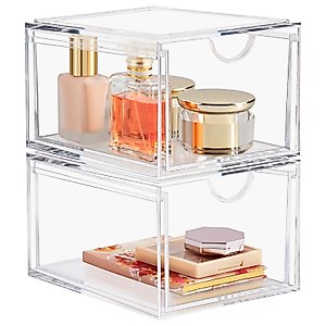 Boxalls 2 Pack Acrylic Stackable Storage Drawers Makeup Organizer, 20% Thicker Clear Bathroom Organizers for Cosmetics, Skin Care, Hair Accessories, Beauty, Vanity, Countertop and Dresser