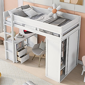 Harper & Bright Designs Twin Size Loft Bed with Desk and Wardrobe, Wooden Twin Loft Bed with 2 Storage Drawers Cabinet, Twin Bedframe for Kids, Teens, Adults Boys & Girls (Loft Bed Twin, White)