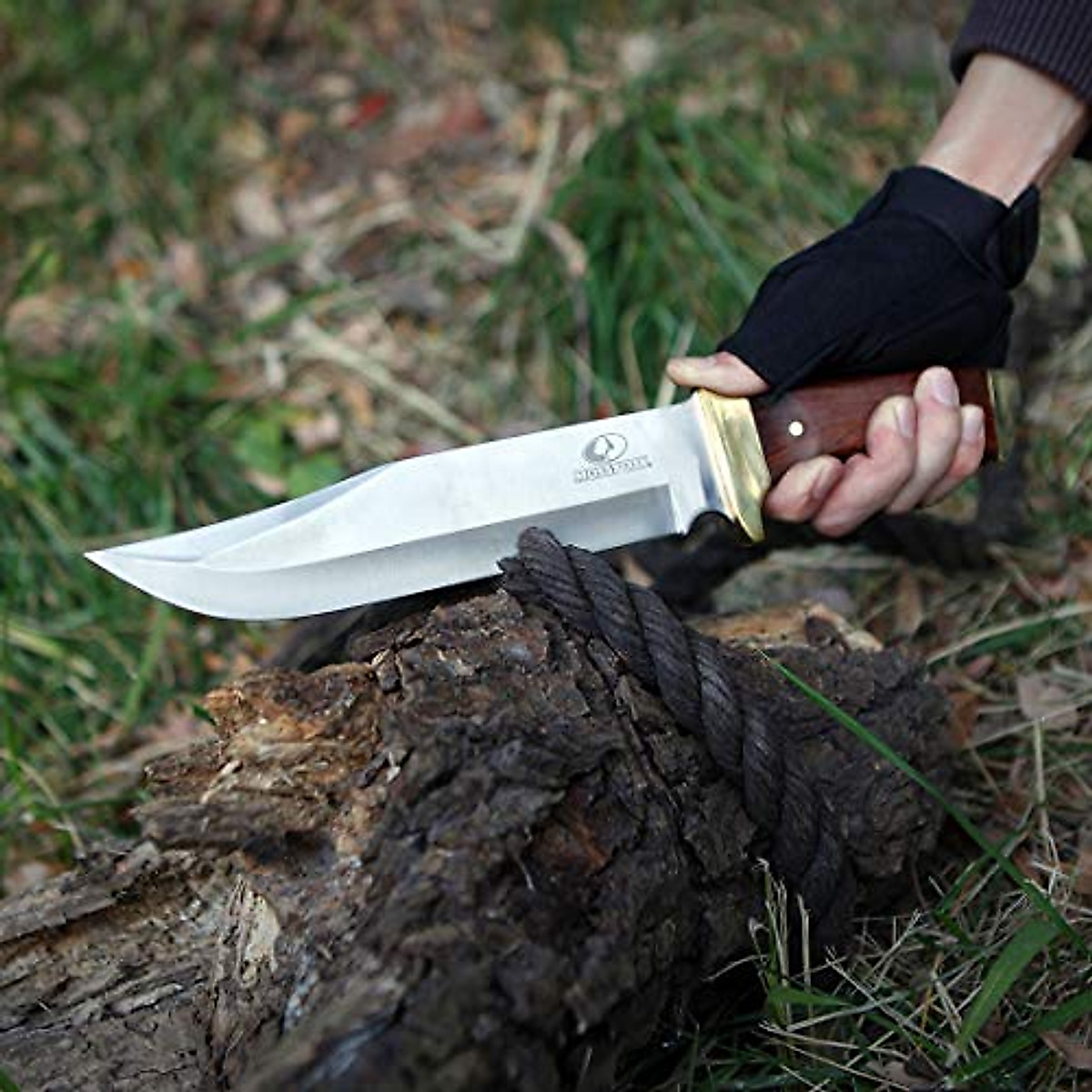 Mossy Oak 14-inch Bowie Knife, Full-tang Fixed Blade, Wood Handle Hunting Knife with Leather Sheath for Camping, Hiking, Survival
