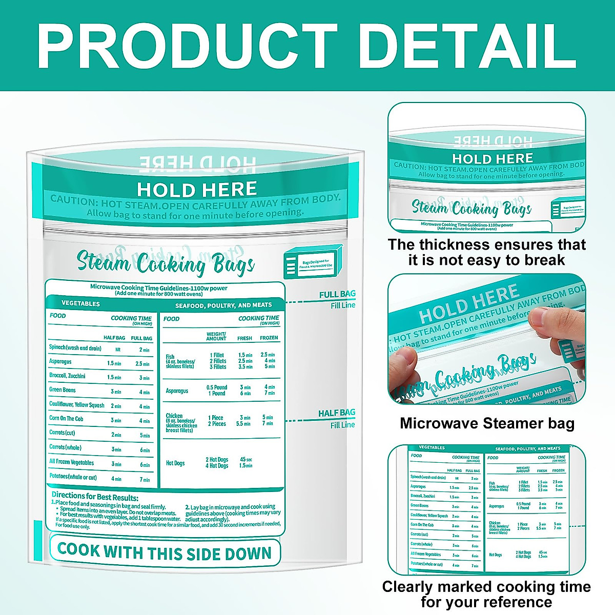 Resurhang 100 Pack Zipper Microwave Steam Bags Reusable Steam Cooking Bags for Vegetables Potatoes and Meat