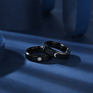 Memolet Couples Sun and Moon Ring Matching Rings Customized Engagement Wedding Ring Personalized Band Stainless Steel High Polished Comfort Fit Black