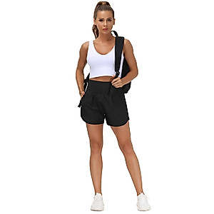 THE GYM PEOPLE Women’s High Waist Running Shorts with Liner Athletic Hiking Workout Shorts Zip Pockets (Black, Medium)