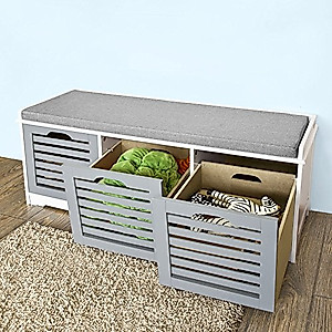Haotian FSR23-HG, Storage Bench with 3 Drawers & Padded Seat Cushion, Hallway Bench Shoe Cabinet Shoe Bench