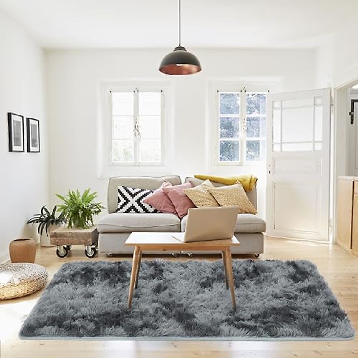 NK DECORATION Fluffy Rugs Clearance Living Room Rugs Bedroom Rugs,Non-Slip Area Rug Shaggy Tie-dye Rugs for Living Room Modern Indoor Home Floor Black Grey 5x8ft(150x240CM)