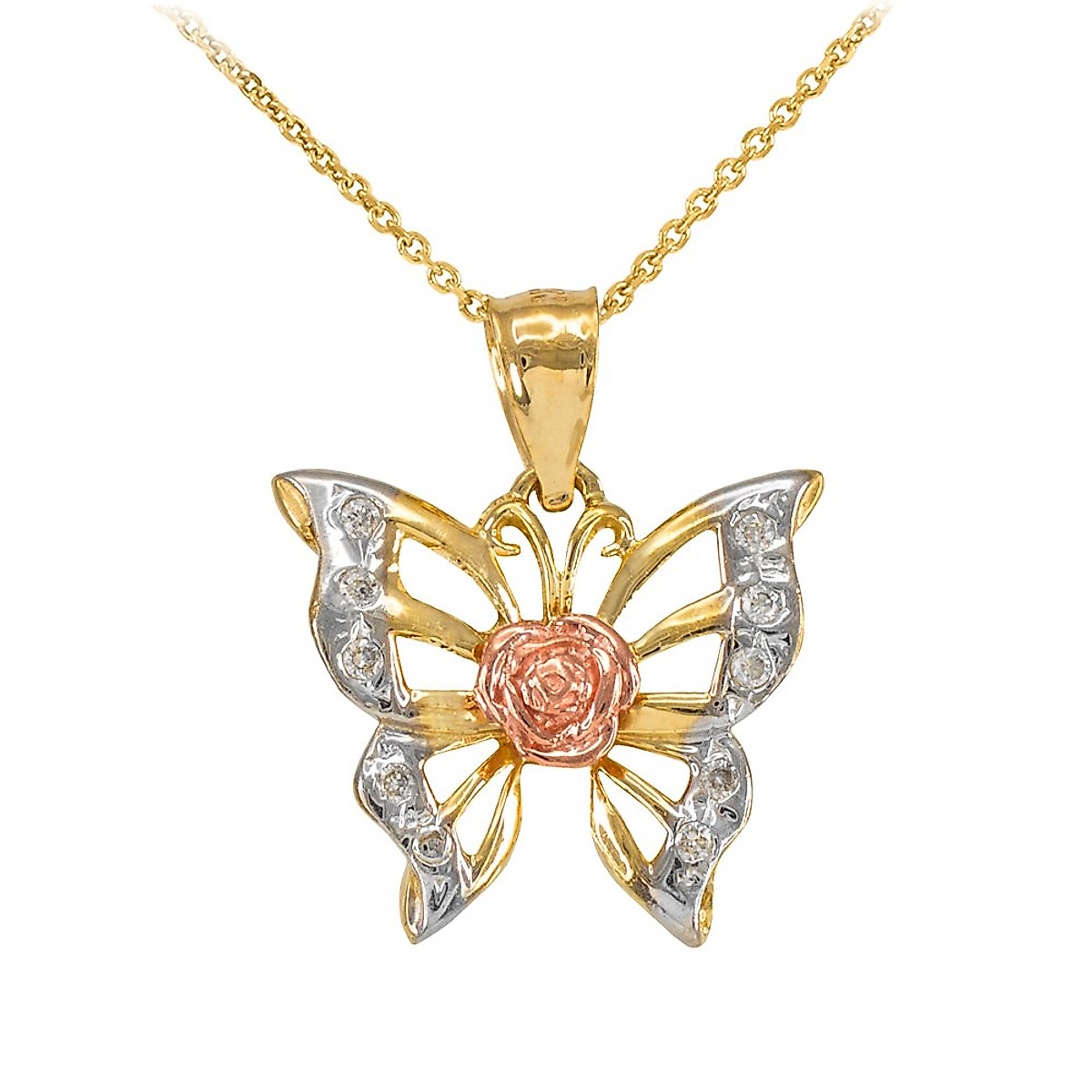 10k Tri-Tone Gold CZ-Studded Filigree Rose Butterfly Pendant Necklace, 18"
