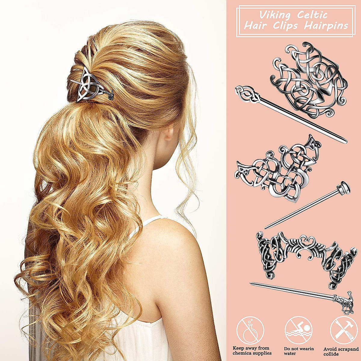 6 Pieces Silver Celtic Hair Slide Hairpins Viking Celtic Hair Clips Knot Stick Vintage Metal Barrette Pin Retro Accessories for Women