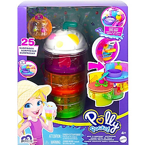 Polly Pocket 2-in-1 Travel Toy Playset, Spin 'N Surprise Smoothie with Micro Polly & Lila Dolls, Plus 25 Accessories
