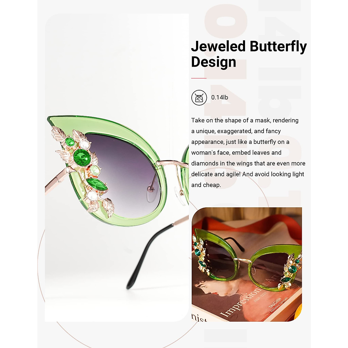 Slocyclub Jeweled Sunglasses, Funky Butterfly Shaped Sunglasses, Oversized Rhinestone Sunglasses for Women with UV400 Protection