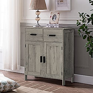 Quimoo Storage Cabinet, Bathroom Floor Cabinet with 2 Drawers & Adjustable Shelves, Bathroom Storage Cabinet with 2 Doors for Living Room, Bedroom, Home Office, Grey